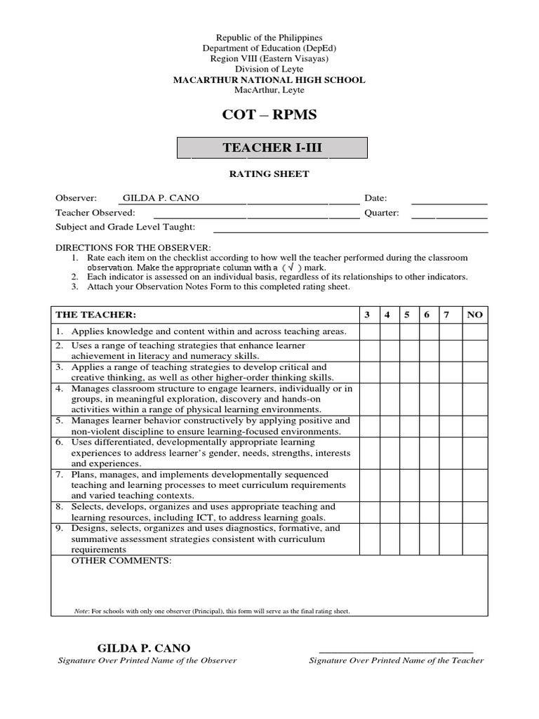 Cot - RPMS: Teacher I-Iii | PDF | Teachers | Learning