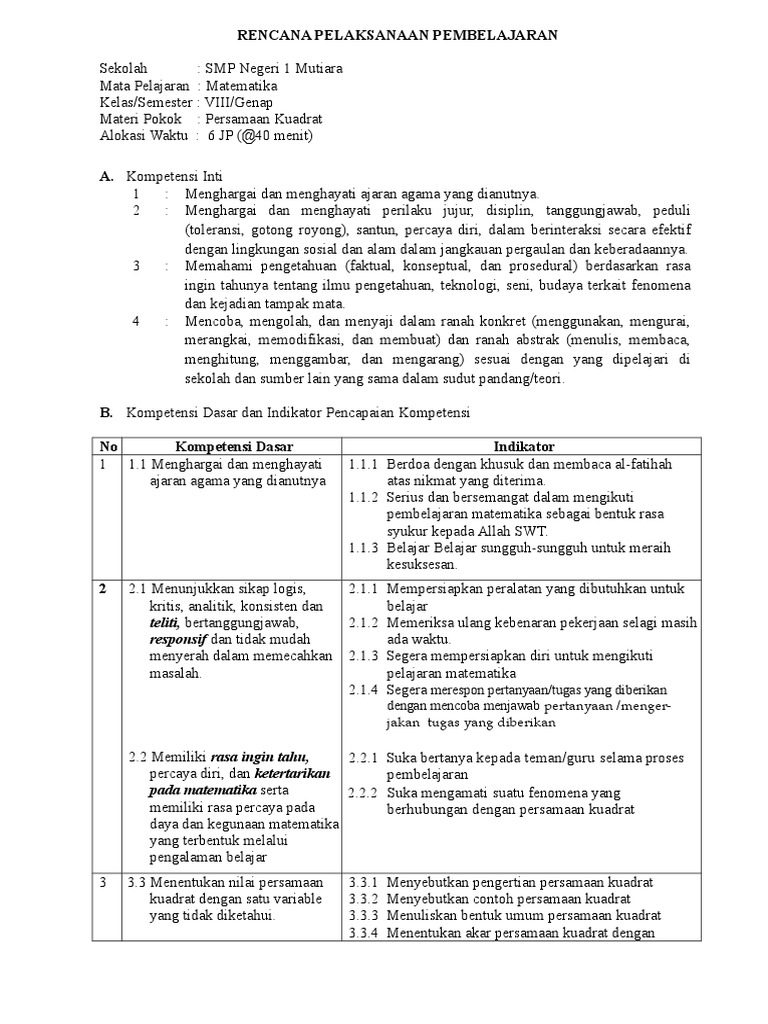 RPP Persamaan Kuadrat Kls Kontrol | PDF