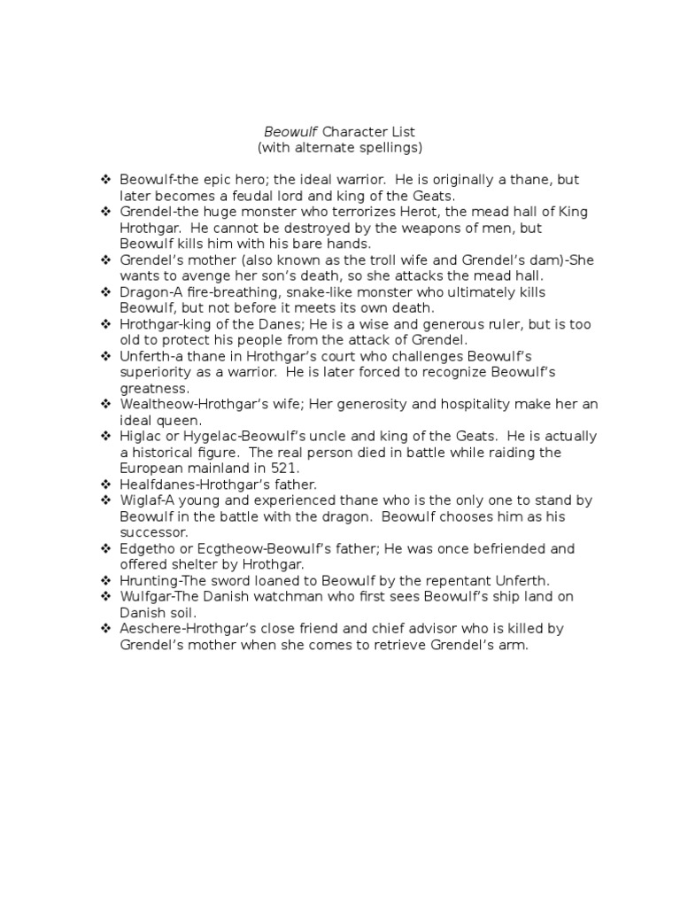 Beowulf Character List | PDF | Beowulf | English Heroic Legends