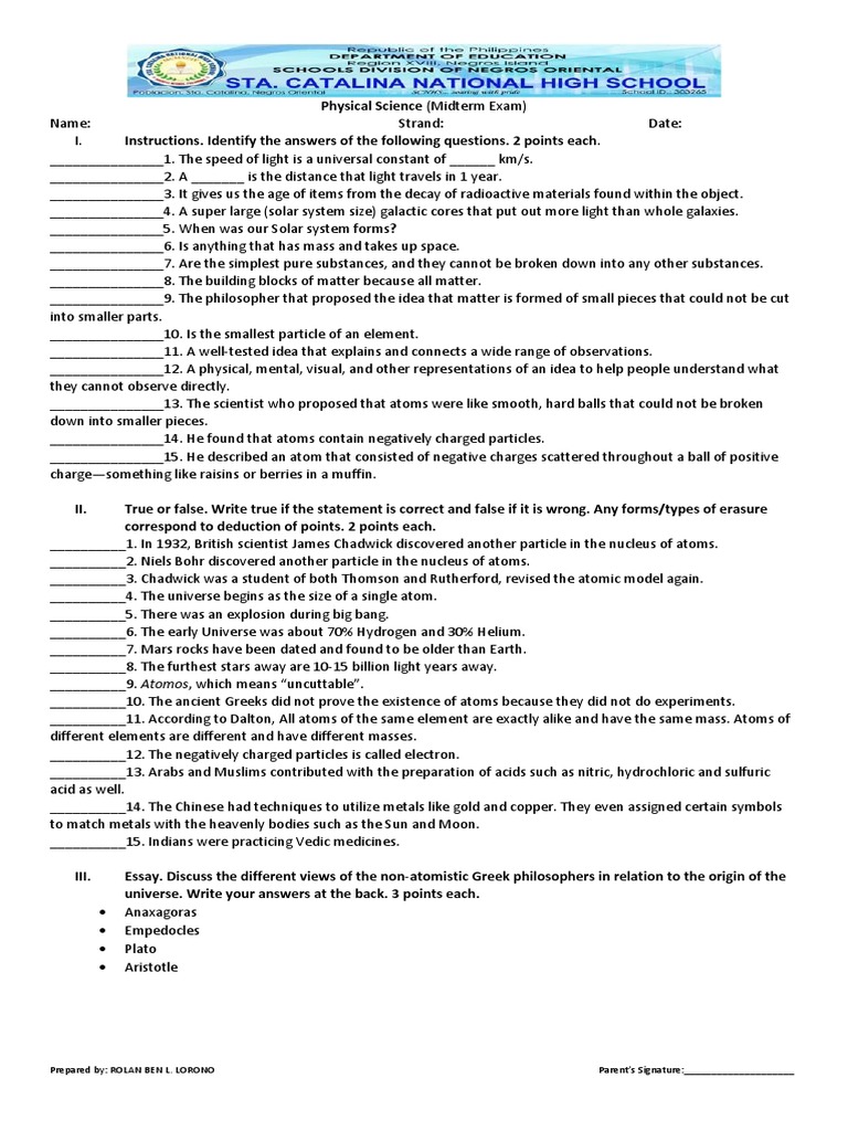 Physical Science Midterm Exam Questions | PDF | Atoms | Matter