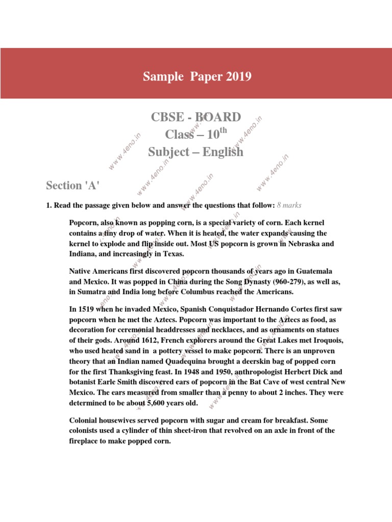 Eng Sample Paper 1 | PDF | Popcorn | Maize