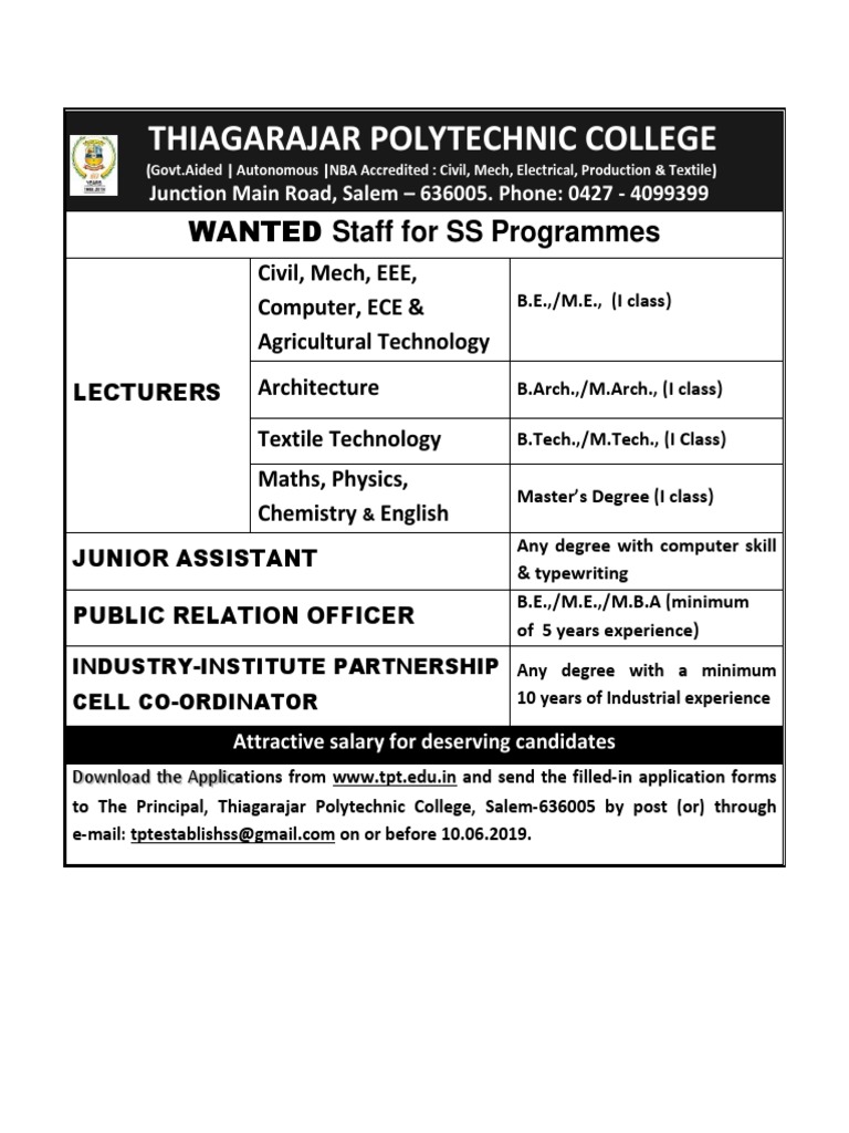 Thiagarajar Polytechnic College: WANTED Staff For SS Programmes | PDF