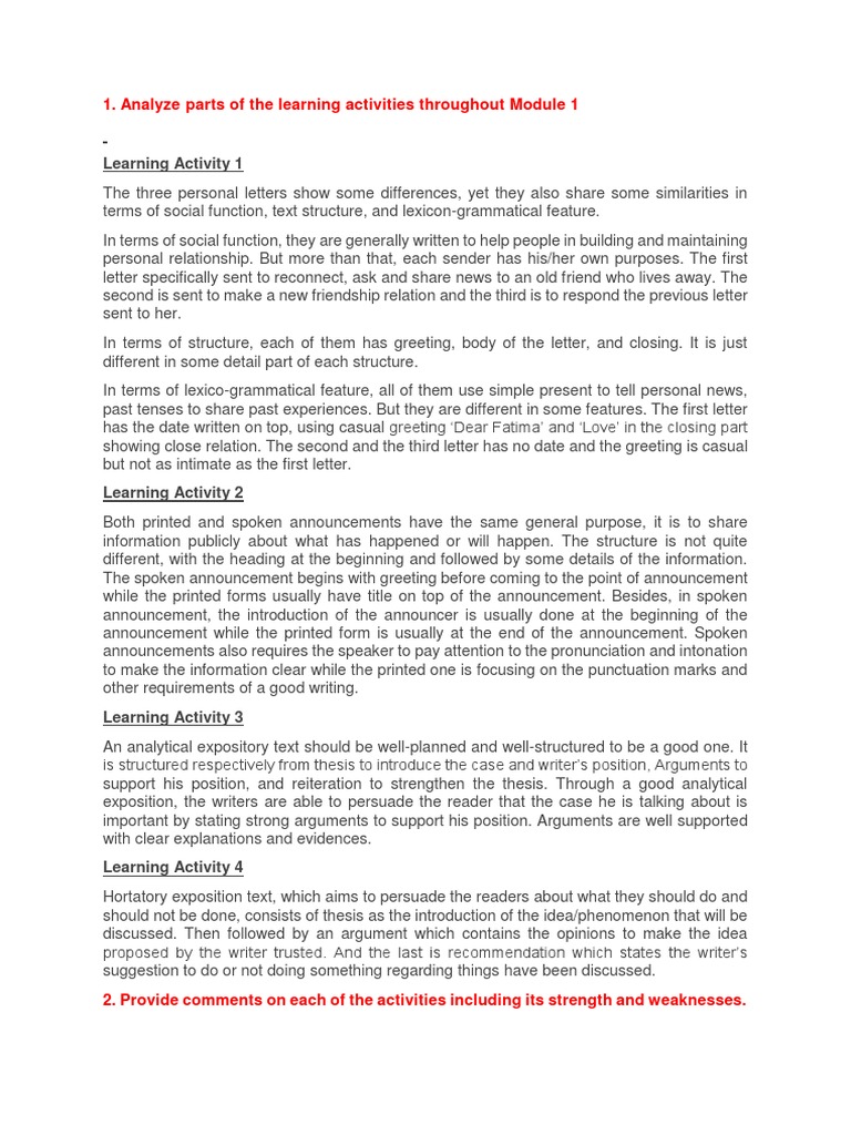 Learning Activity 1: 1. Analyze Parts of The Learning Activities ...