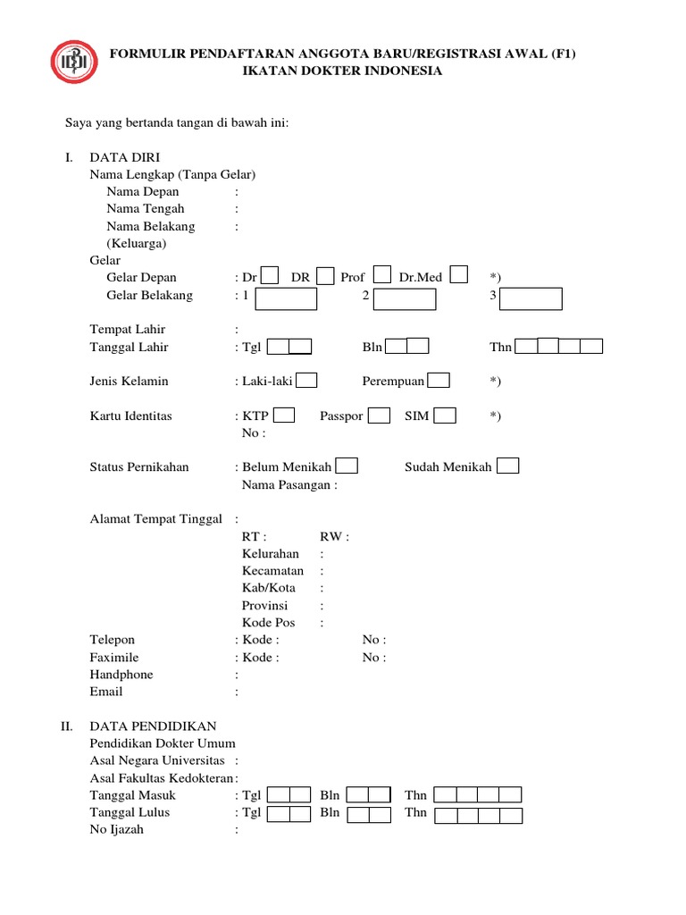 Formulir Pendaftaran Anggota Baru Kta Idi | PDF