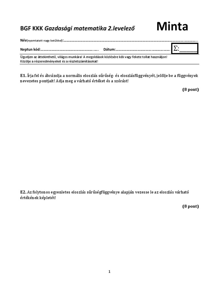 Gazdasági Matematika 2 Minta Vizsga | PDF