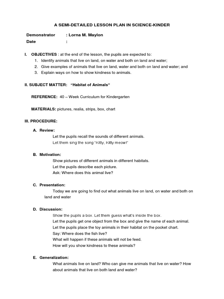A Semi-Detailed Lesson Plan in Science-Kinder Demonstrator: Lorna M. Maylon Date | PDF