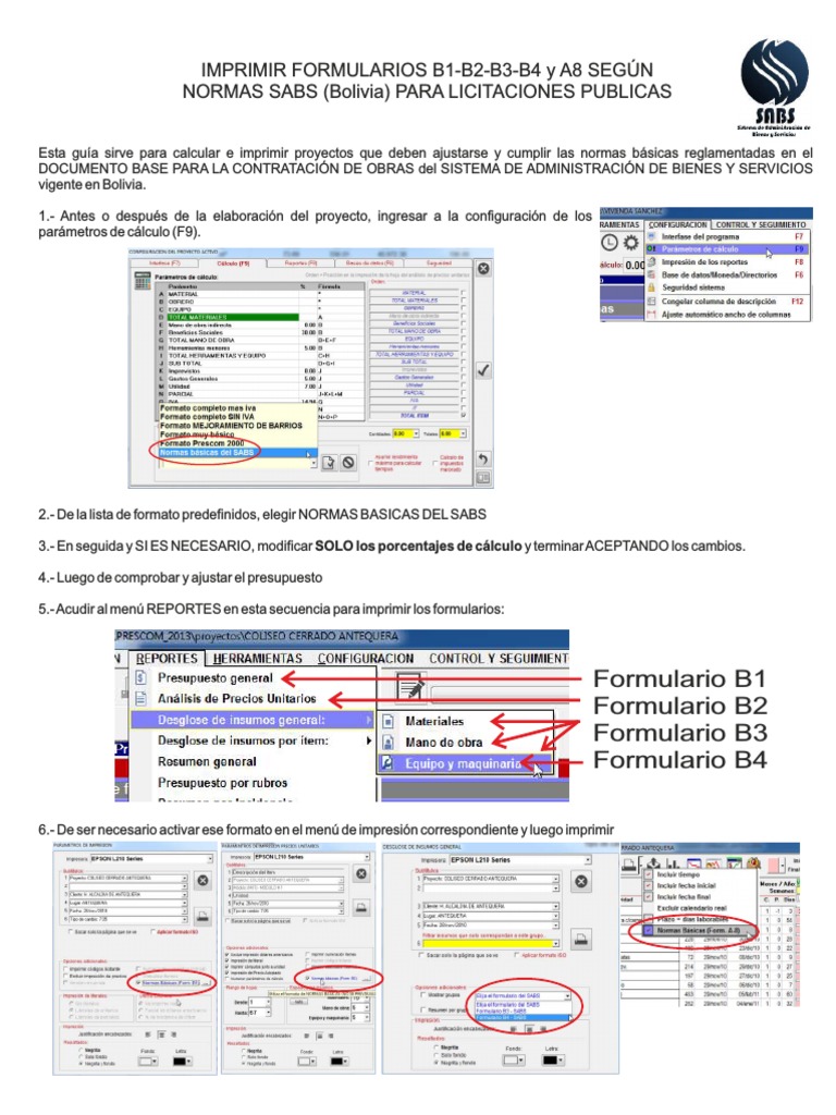 Imprimir Formularios B1-B2-B3-B4 Y A8 Según Normas Sabs (Bolivia) Para Licitaciones Publicas