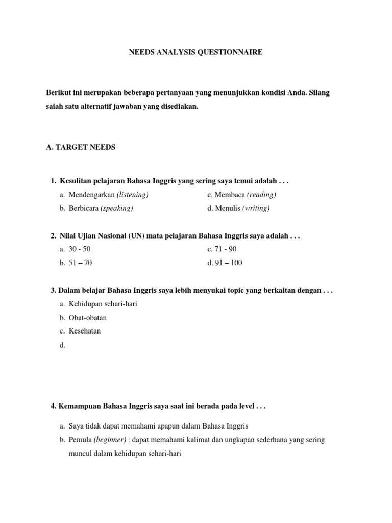 Needs Analysis Questionnaire | PDF