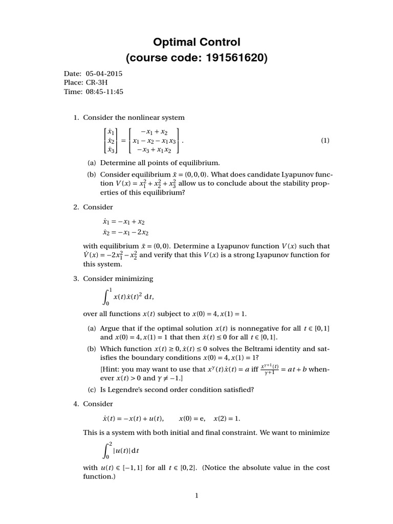 Optimal Control (Course Code: 191561620) | PDF | Optimal Control ...