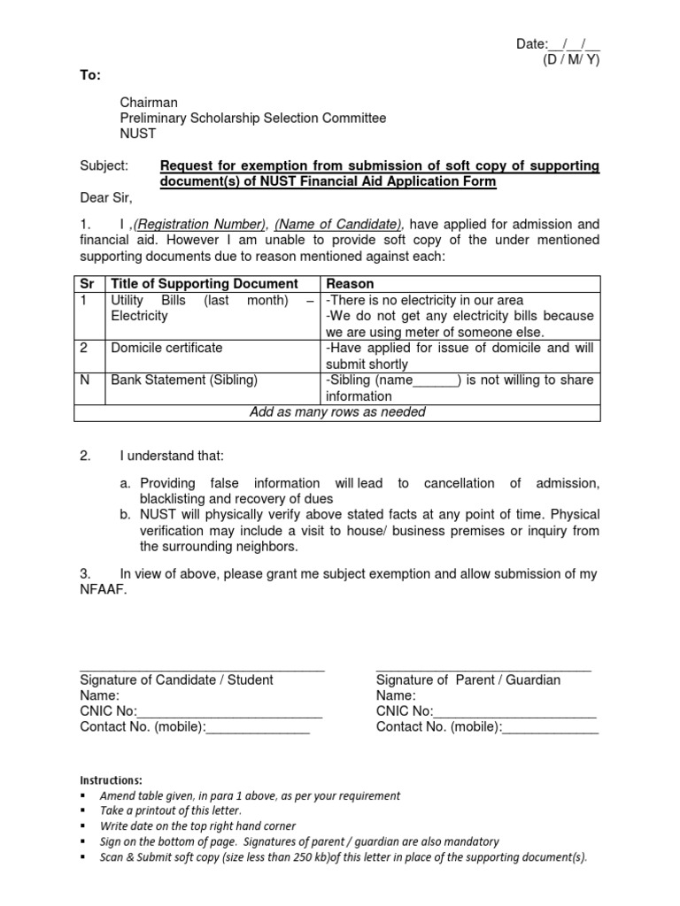 NUST Financial Aid Document Exemption Request | PDF | Social ...
