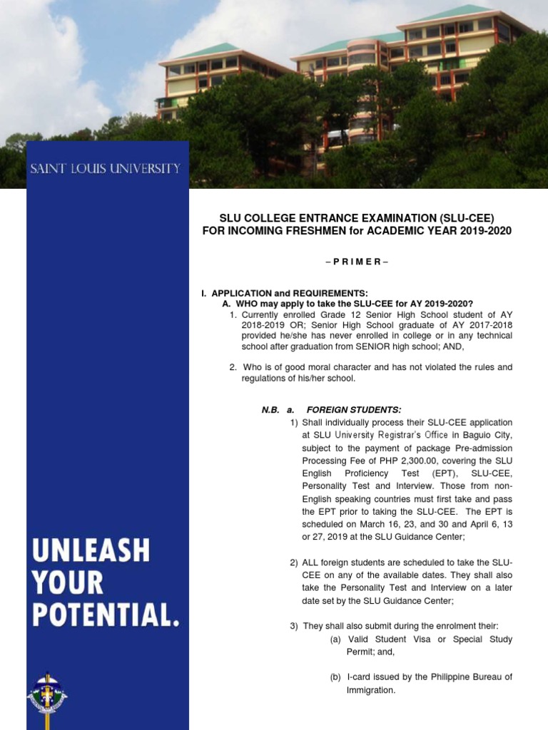 SLU College Entrance Exam 2019-2020 Guide | PDF | Test (Assessment ...