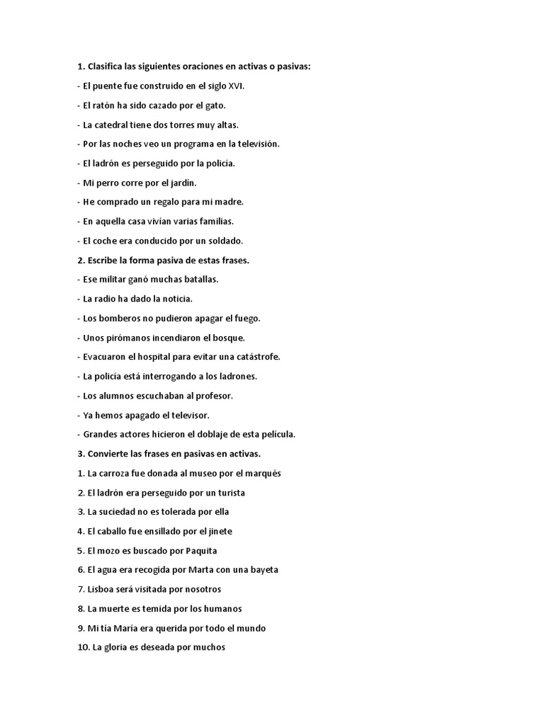 Ejercicios de Oraciones Activas y Pasivas | PDF | Viajes y turismo | Arte