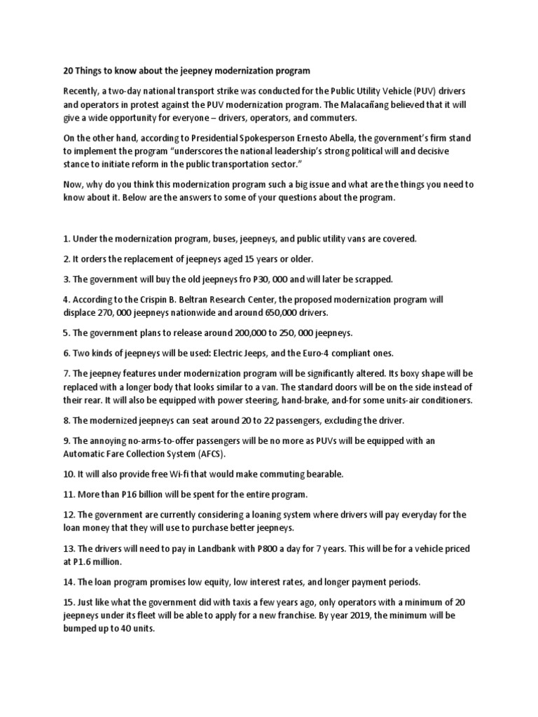 20 Things To Know About The Jeepney Modernization Program | PDF ...