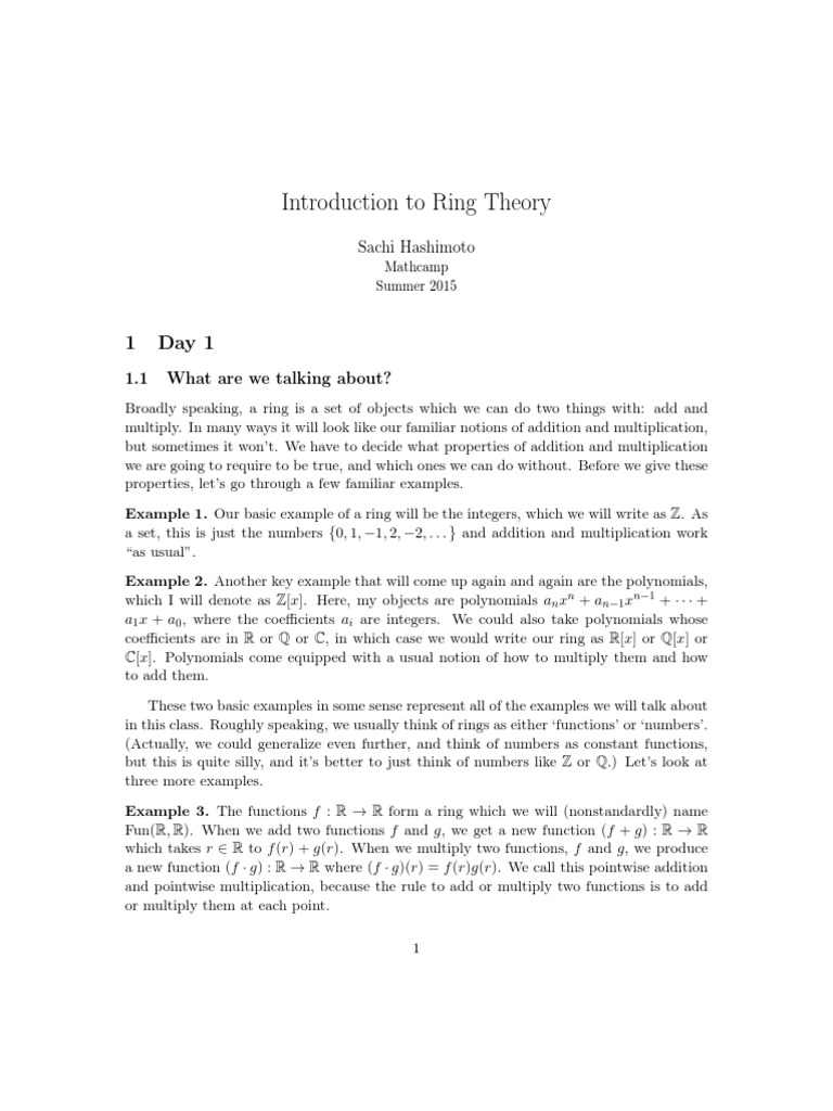 Introduction To Ring Theory: Sachi Hashimoto | PDF | Ring (Mathematics) | Integer