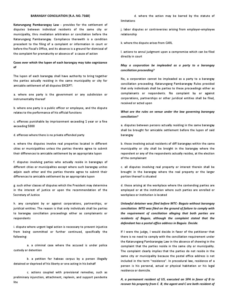 Analysis of Key Provisions of the Barangay Conciliation Law | PDF | Pleading | Complaint