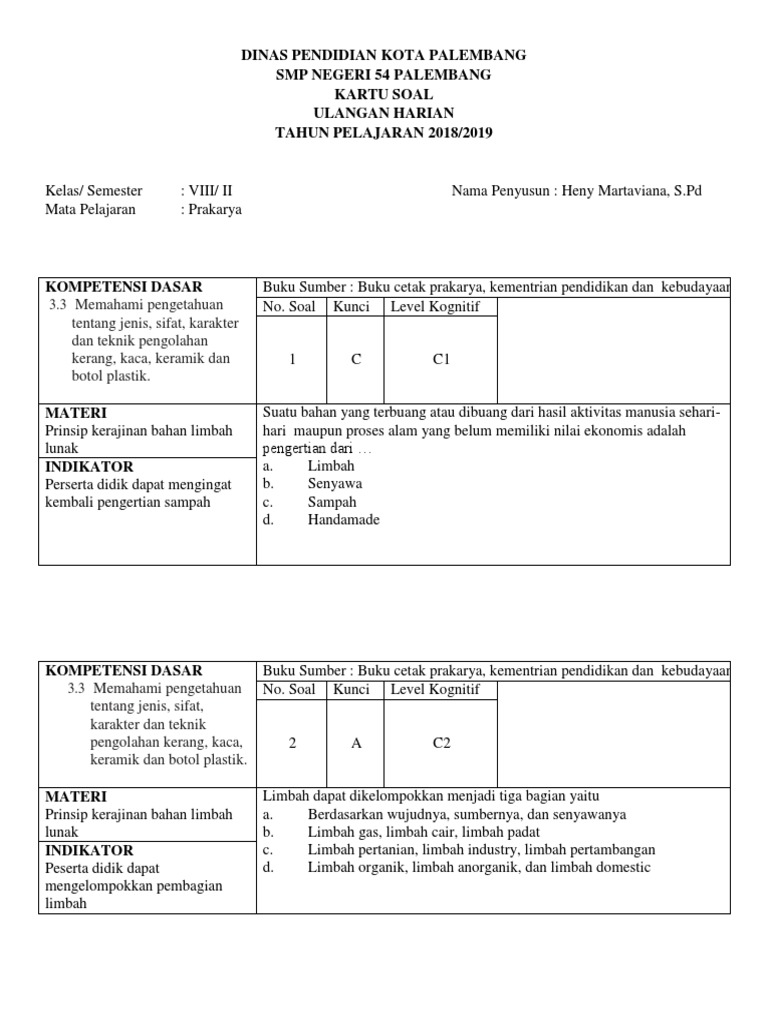 Kartu Soal Pilgan Uts Kelas 7 SMT 2 | PDF