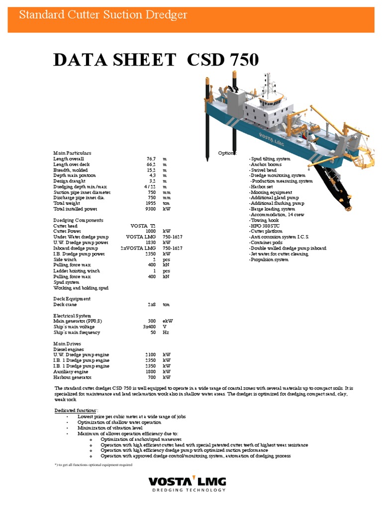 Data Sheet CSD 750: Main Particulars Options | PDF | Dredging | Pump