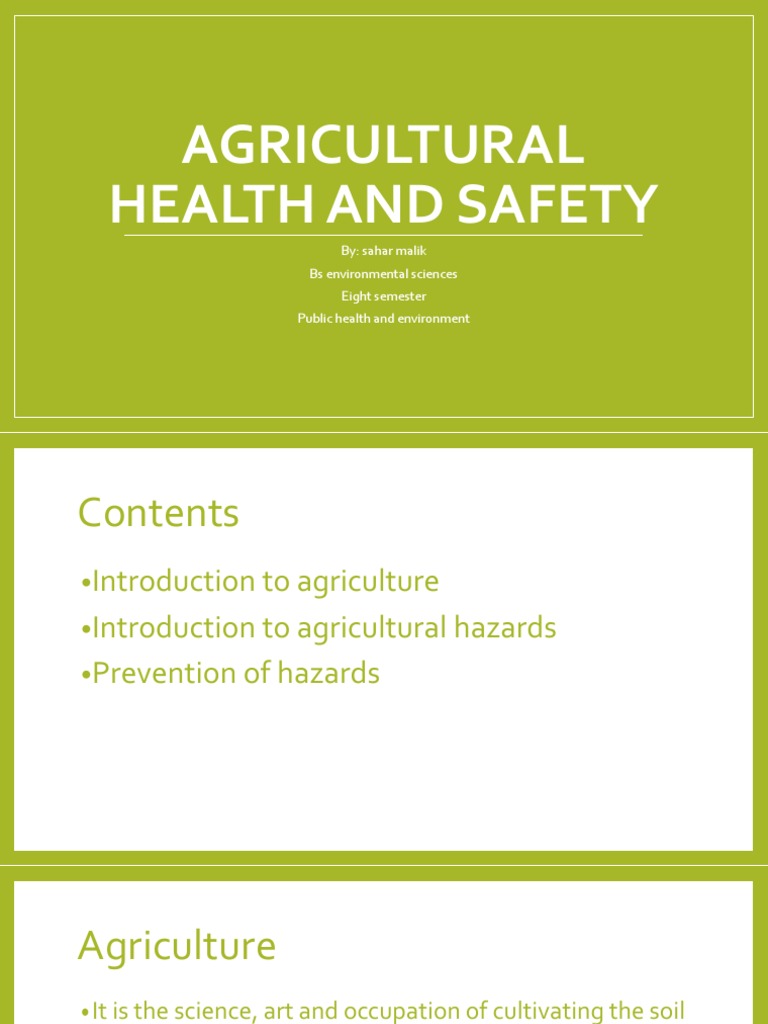 Agricultural Health and Safety: By: Sahar Malik Bs Environmental ...