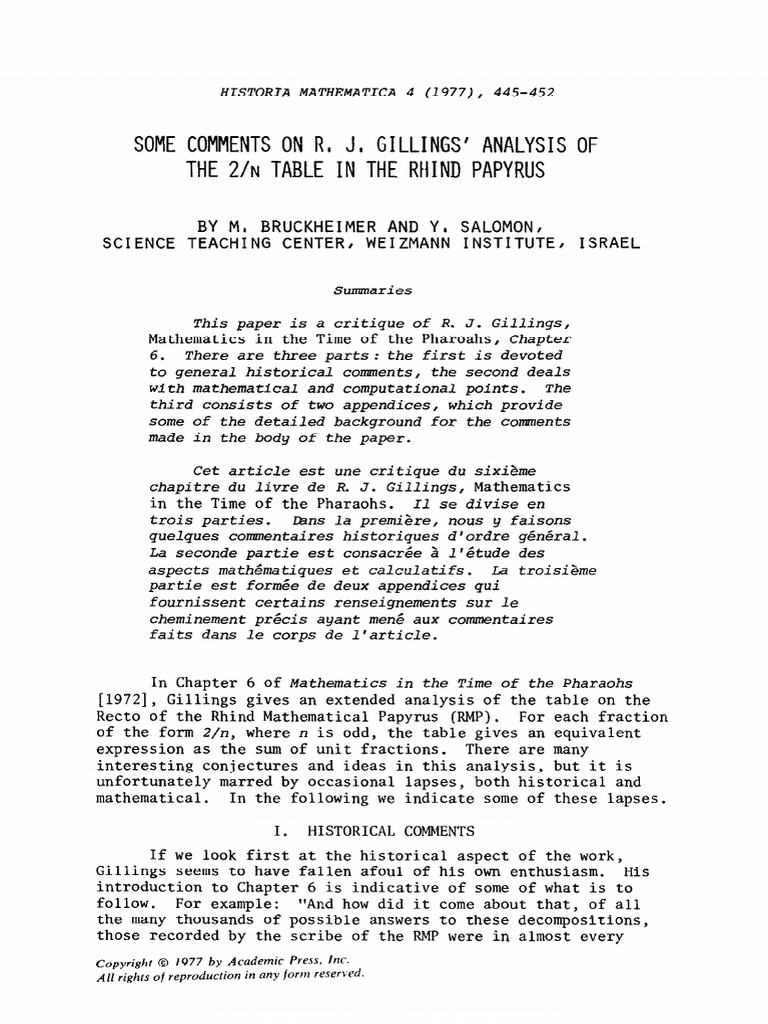 Some Comments On R, J, Gillings' Analysis of THE Table in The Rhind ...