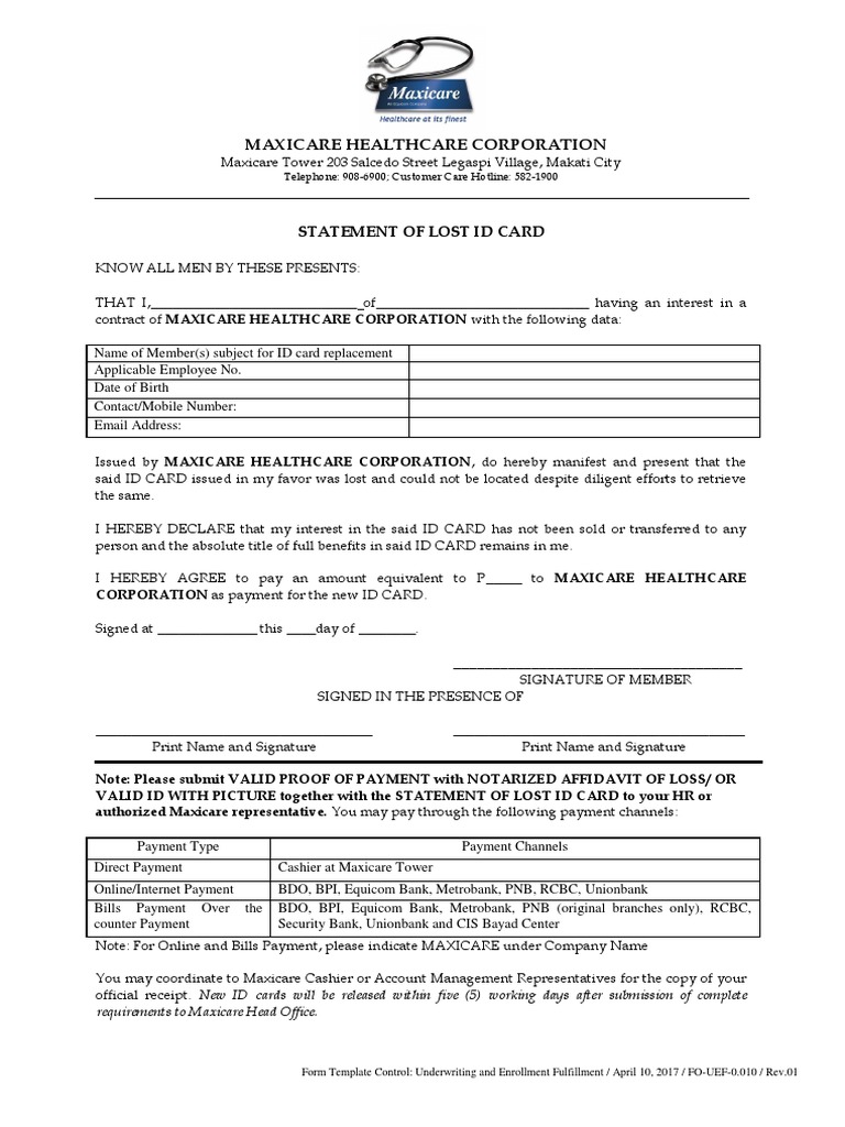 Maxicare Statement of Lost Maxicare Multifunction Card.pdf | Identity ...