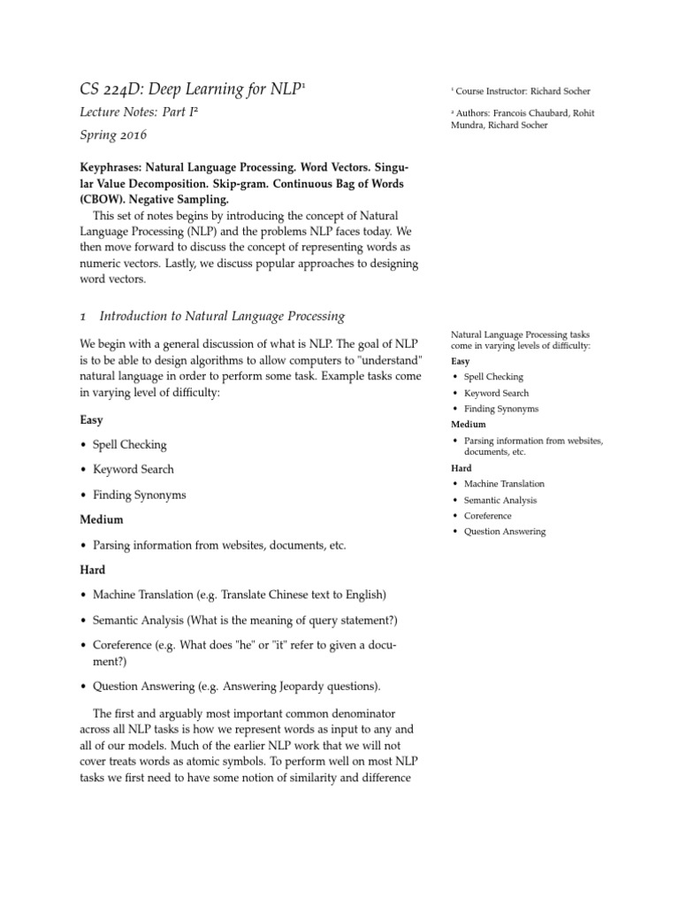 CS 224D: Deep Learning For NLP: Lecture Notes: Part I Spring 2016 ...