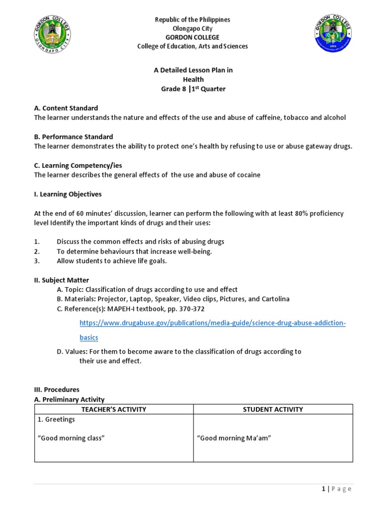 A Detailed Lesson Plan in Health Grade 8 - 1 Quarter A. Content ...