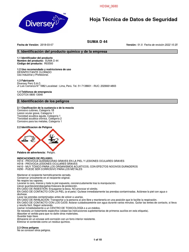 Desinfectante clorado corrosivo: Hoja técnica de datos de seguridad ...