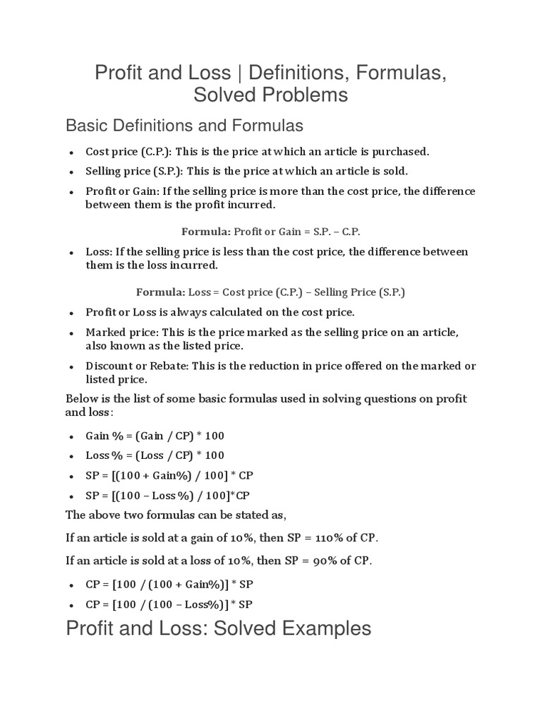 Profit and Loss - Definitions, Formulas, Solved Problems | PDF | Prices ...