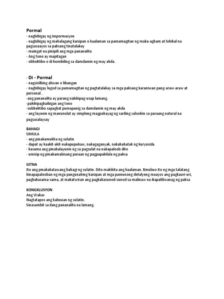 Sulating Pormal at Di Pormal Katangian | PDF
