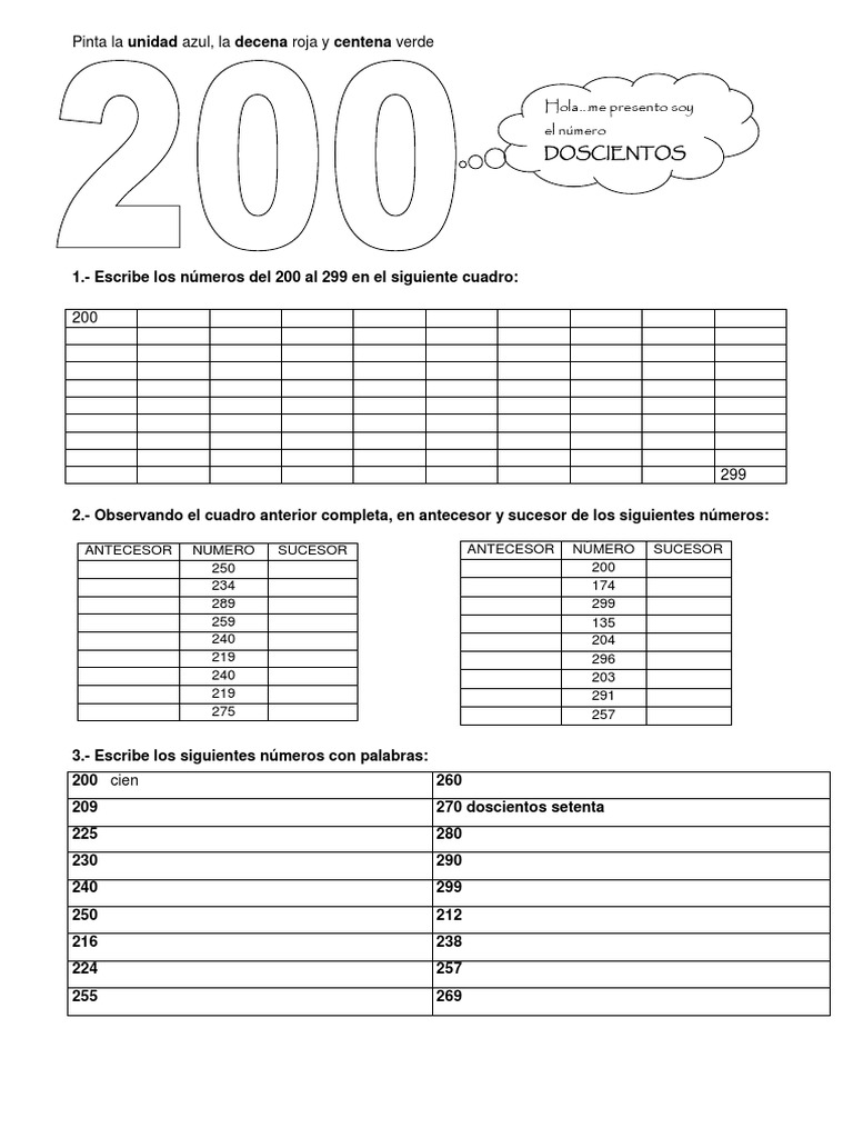 Actividades con Números del 200 al 299 | PDF