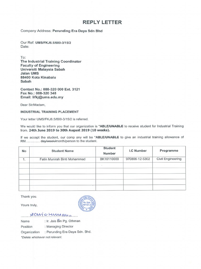 Reply Letter For Industrial Training Placement (Perunding Era Daya ...