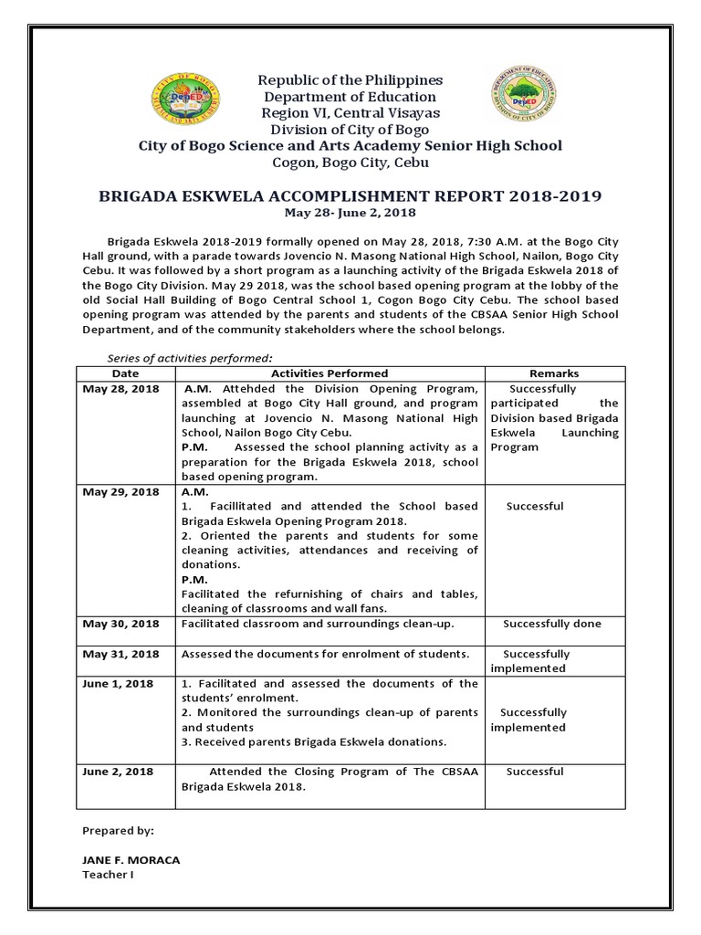 Brigada Eskwela Accomplishment Report | Download Free PDF | Learning ...