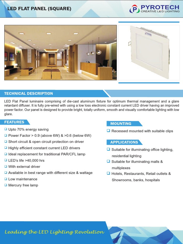 Pyrotech LED Flat Panel Down Light | PDF | Lighting | Light Emitting Diode
