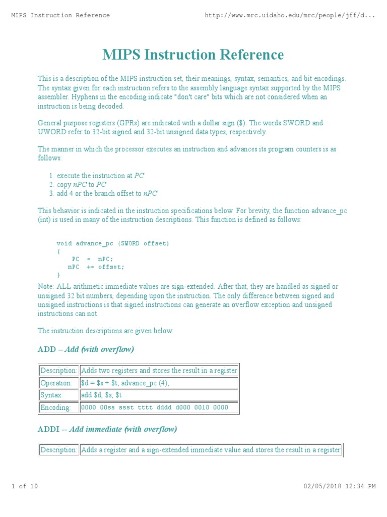 MIPS Instruction Reference | PDF | Assembly Language | Central Processing Unit