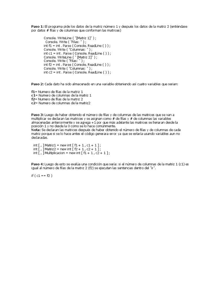 Pasos de La Multiplicacion de Matrices C# | PDF | Matriz (Matemáticas ...