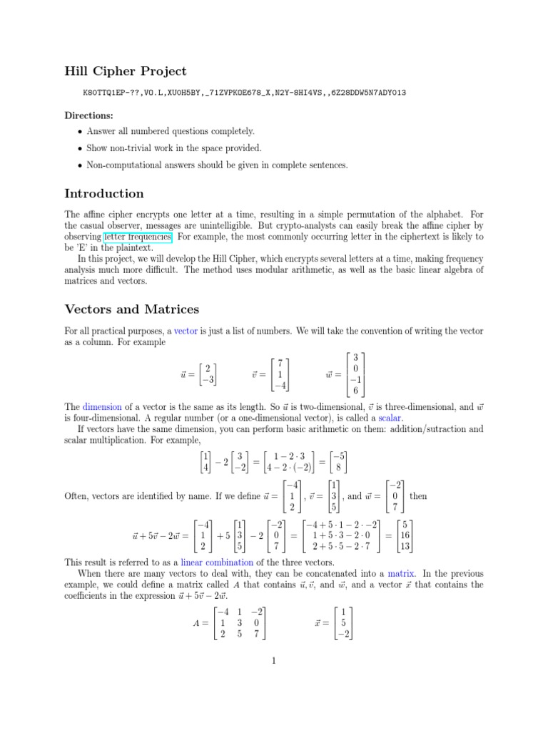 Hill Cipher Matrix Encryption | PDF | Matrix (Mathematics) | Vector Space