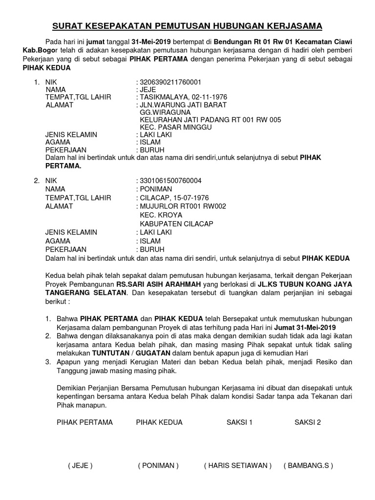 Surat Kesepakatan Pemutusan Hubungan Kerjasama | PDF