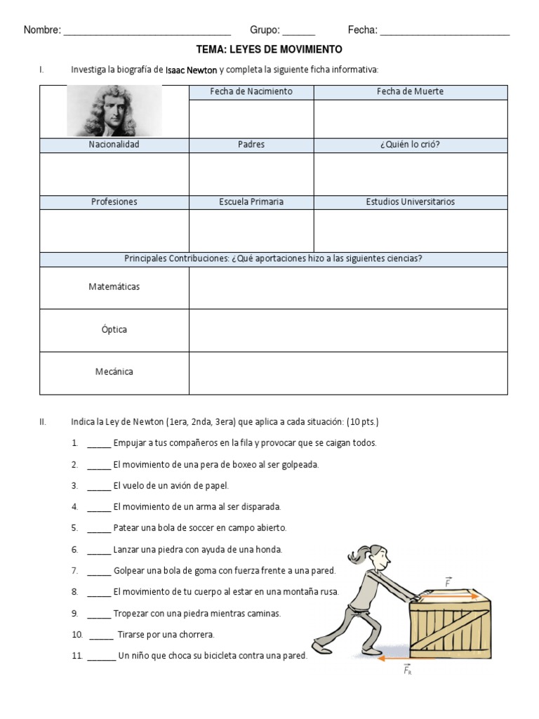 Hoja De Trabajo De Las Leyes De Newton Para La Escuela Secundaria