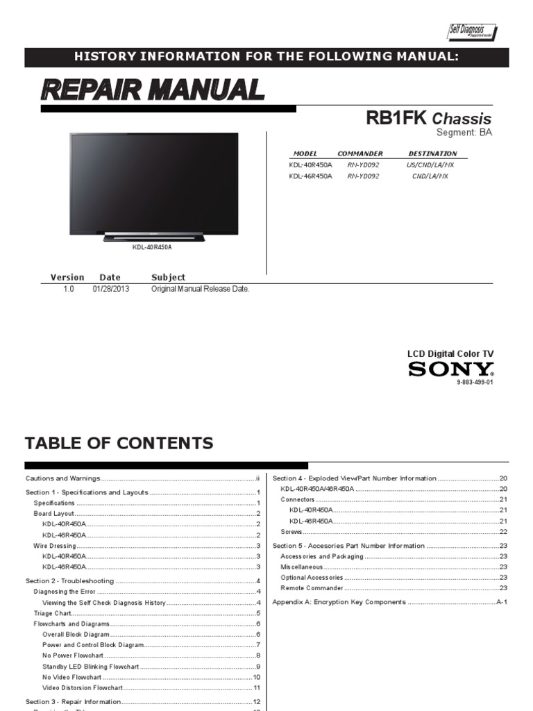 Sony Kdl-40r450a Kdl-46r450a Chassis Rb1fk Ver.1.0 | PDF | Hdmi ...