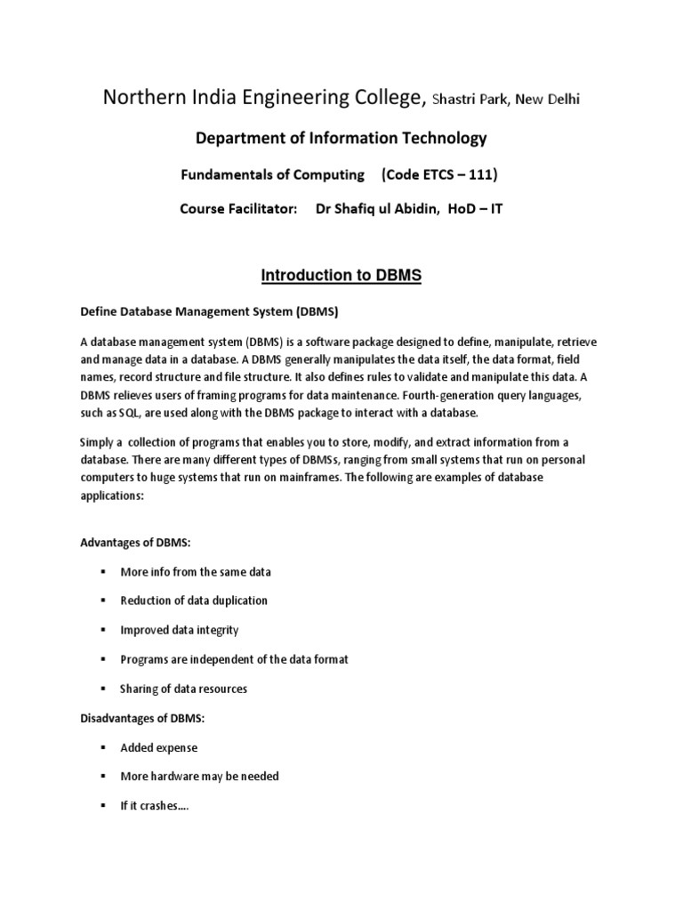 DBMS Short Notes | PDF | Databases | File System