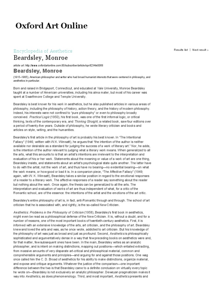 Oxford Art Online: Beardsley, Monroe | PDF | Aesthetics | Literary ...
