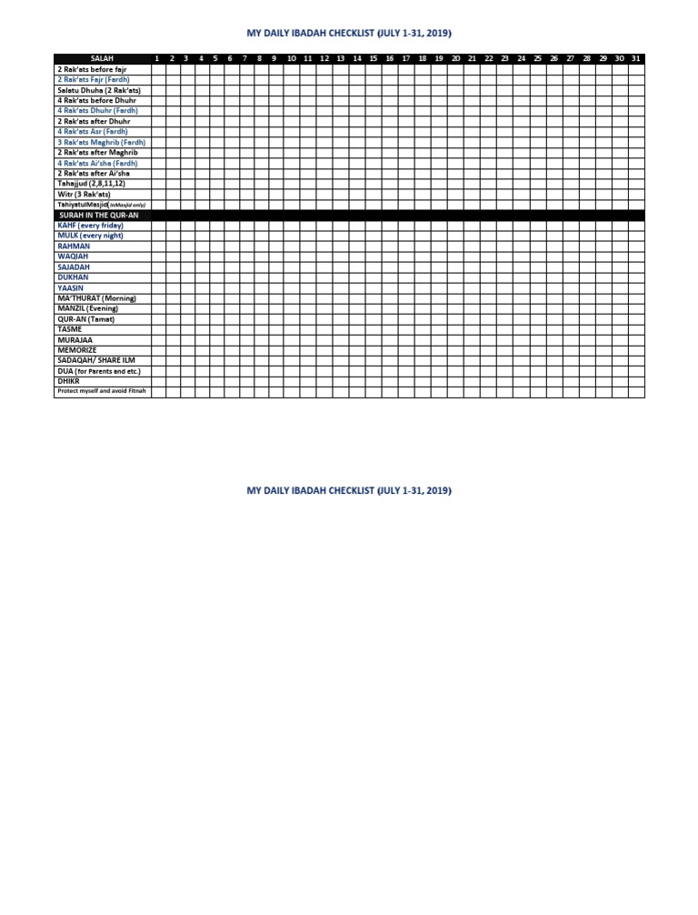 My Daily Ibadah Checklist (July 1-31, 2019) : Salah | PDF | Cooking ...