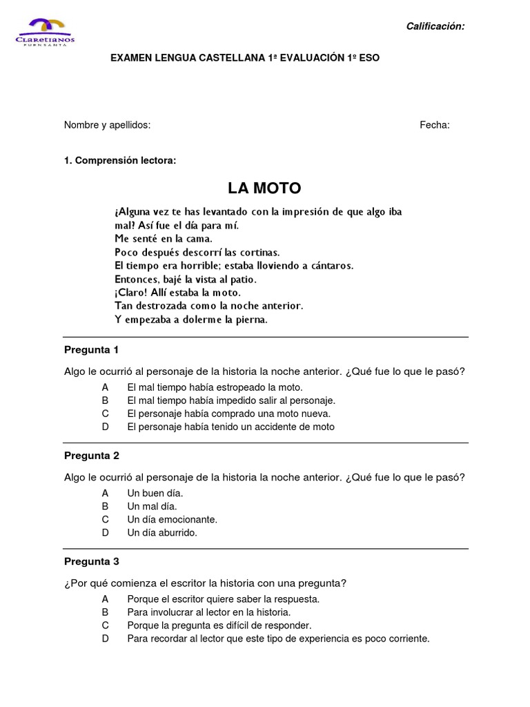 Examen Lengua 1 ESO | PDF | Prueba (evaluación) | Verbo