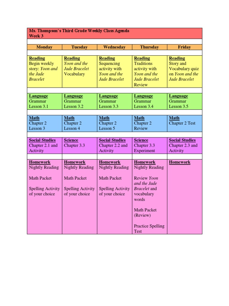 Third Grade Weekly Agenda: Week 3 | PDF