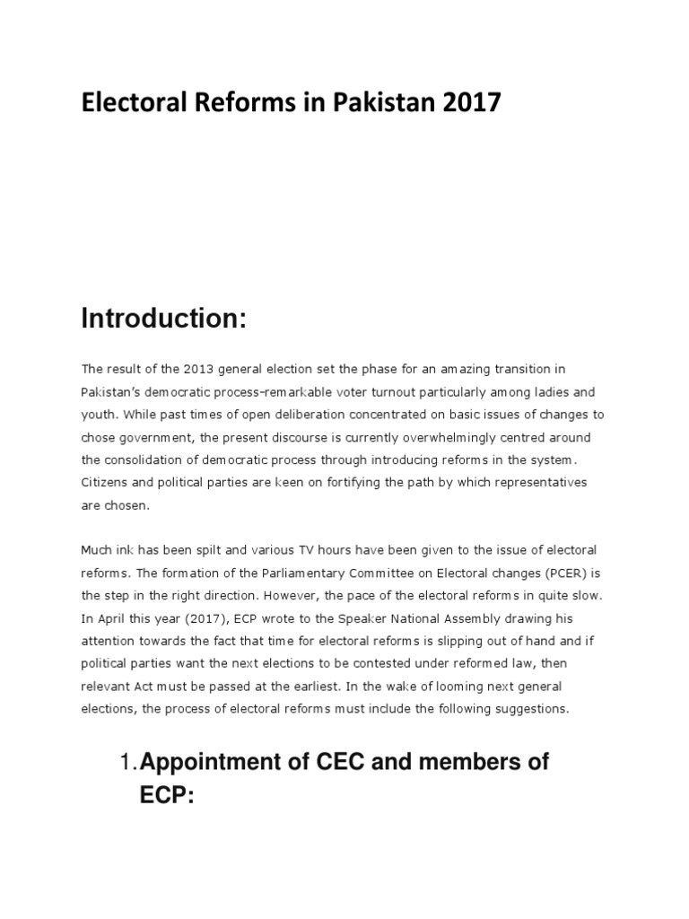 Electoral Reforms In Pakistan 2017 Pdf Elections Voting