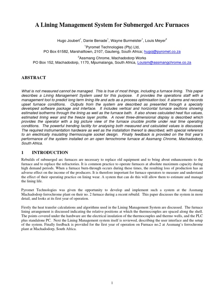 A Lining Management System For Submerged Arc Furnaces | PDF | Furnace ...