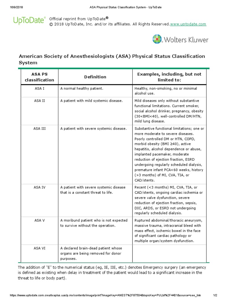 ASA Physical Status Classification System - UpToDate | PDF | Ischemia ...