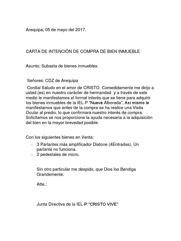 Carta de Intenciòn de Compra de Bien Inmueble | PDF