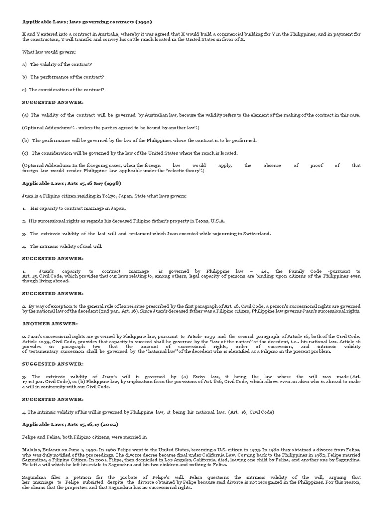 Conflict of Law Bar Questions | PDF | Will And Testament | Statute Of ...