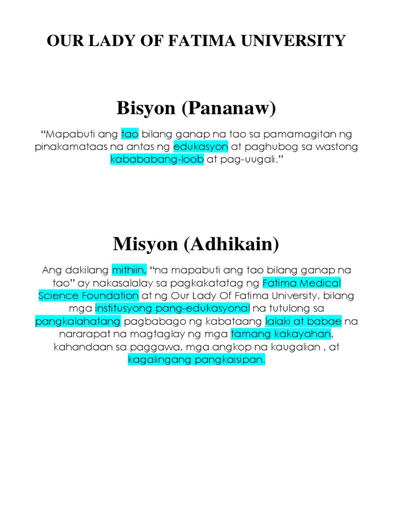 Our Lady of Fatima University Bisyon & Misyon | PDF
